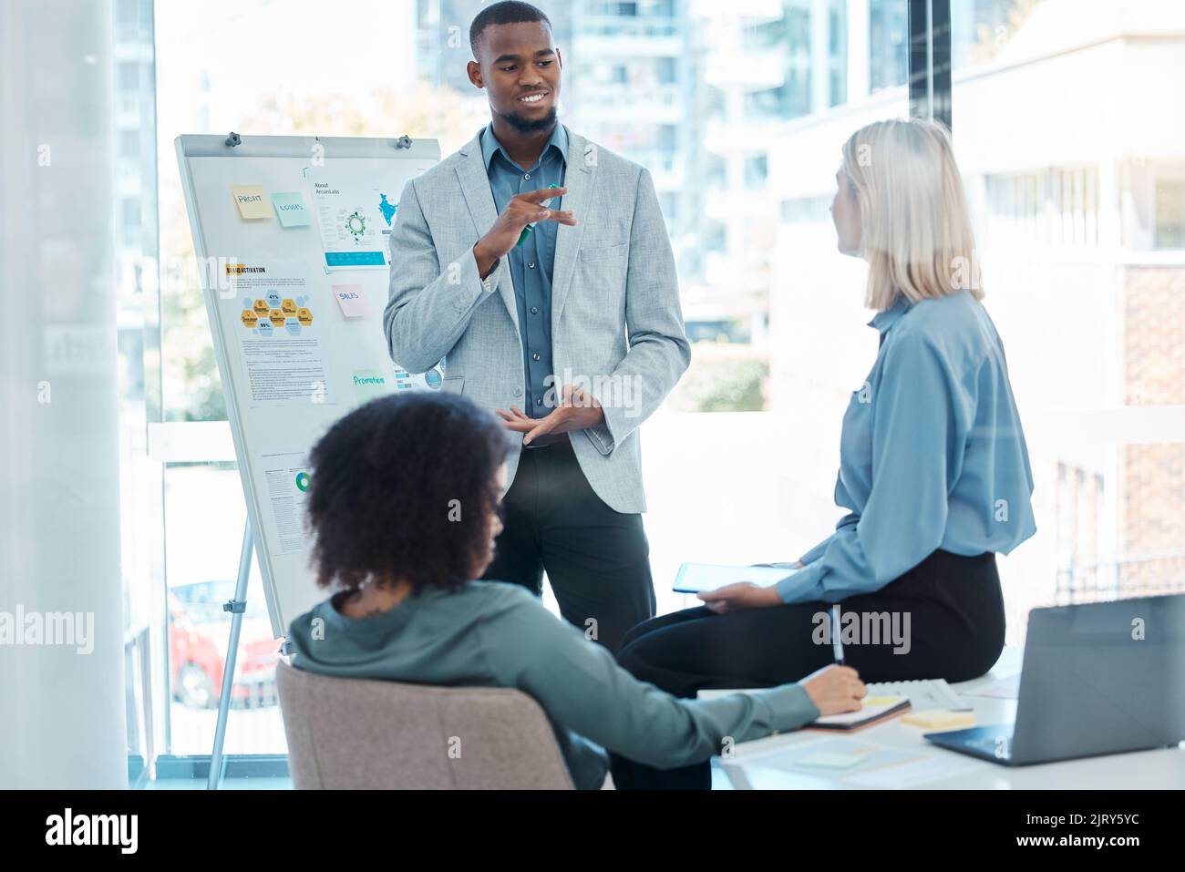 Strategy, planning and presentation, office brainstorming at startup ...