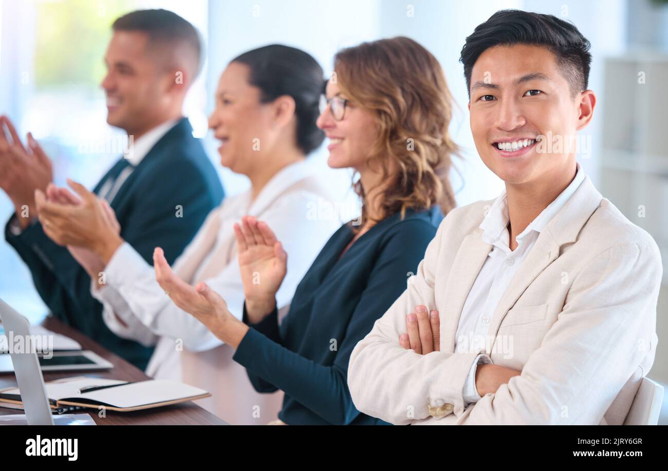 Teamwork, motivation and celebration with clapping business people ...