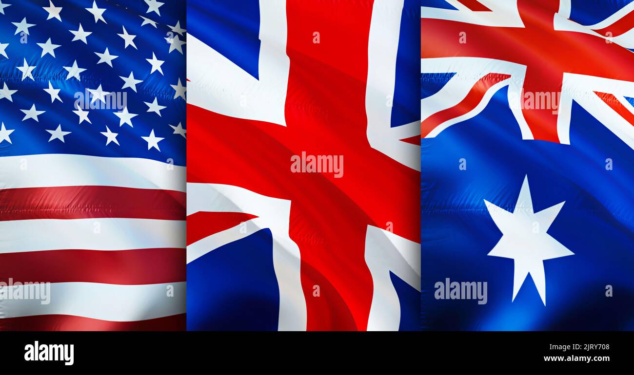 Australia, USA and United Kingdom flag. National 3d rendering Australia, the United Kingdom and ...