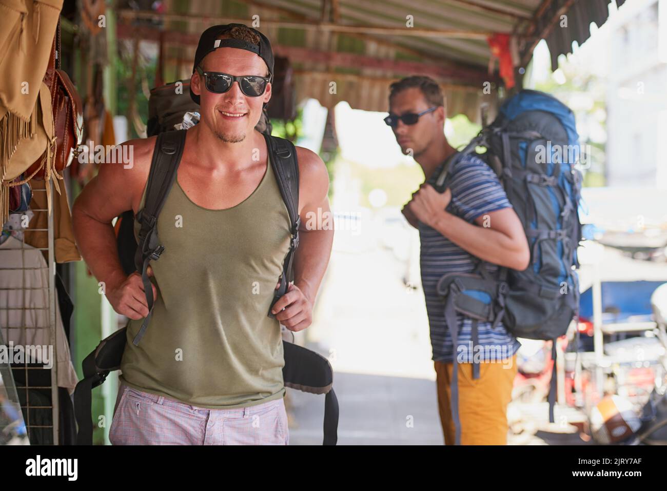 Ready for a serious day of sightseeing. Portrait of two happy travel ...