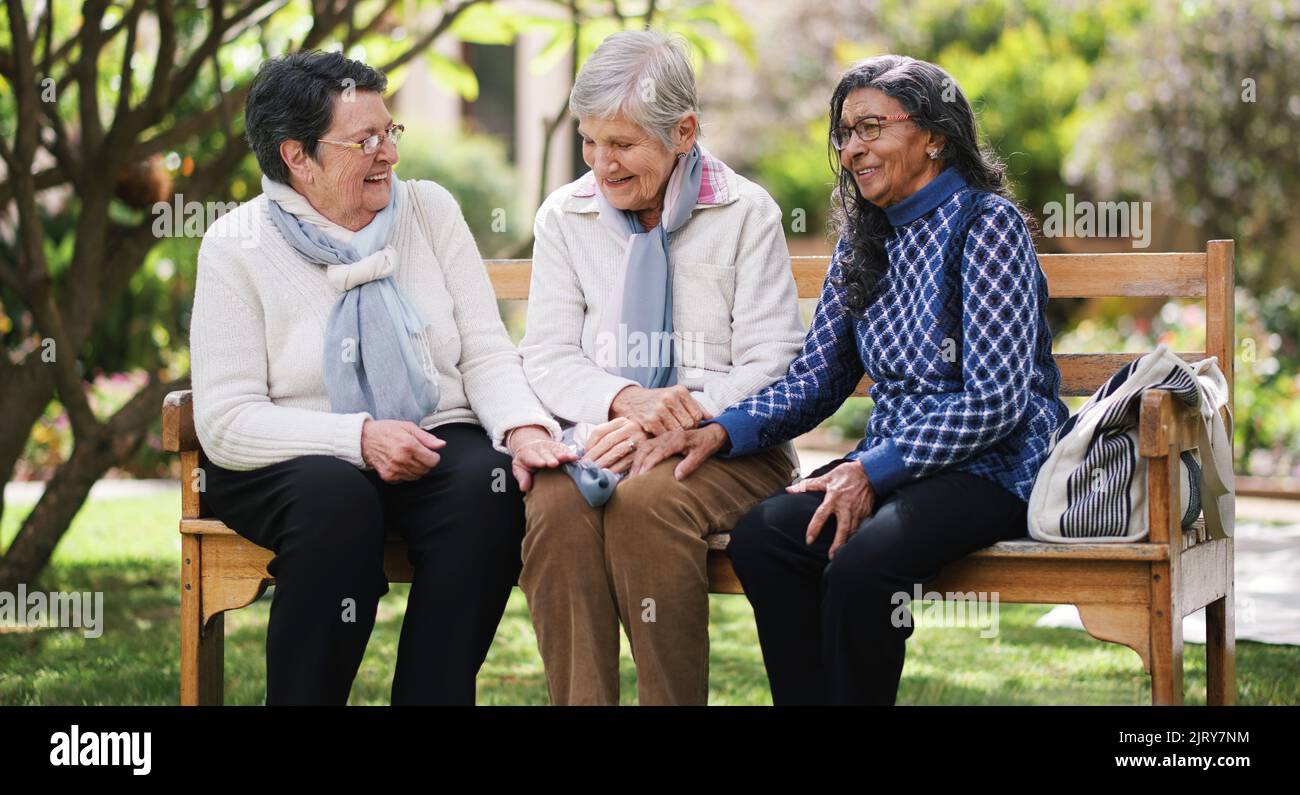 Happy old women sitting on bench in park smiling happy life long ...