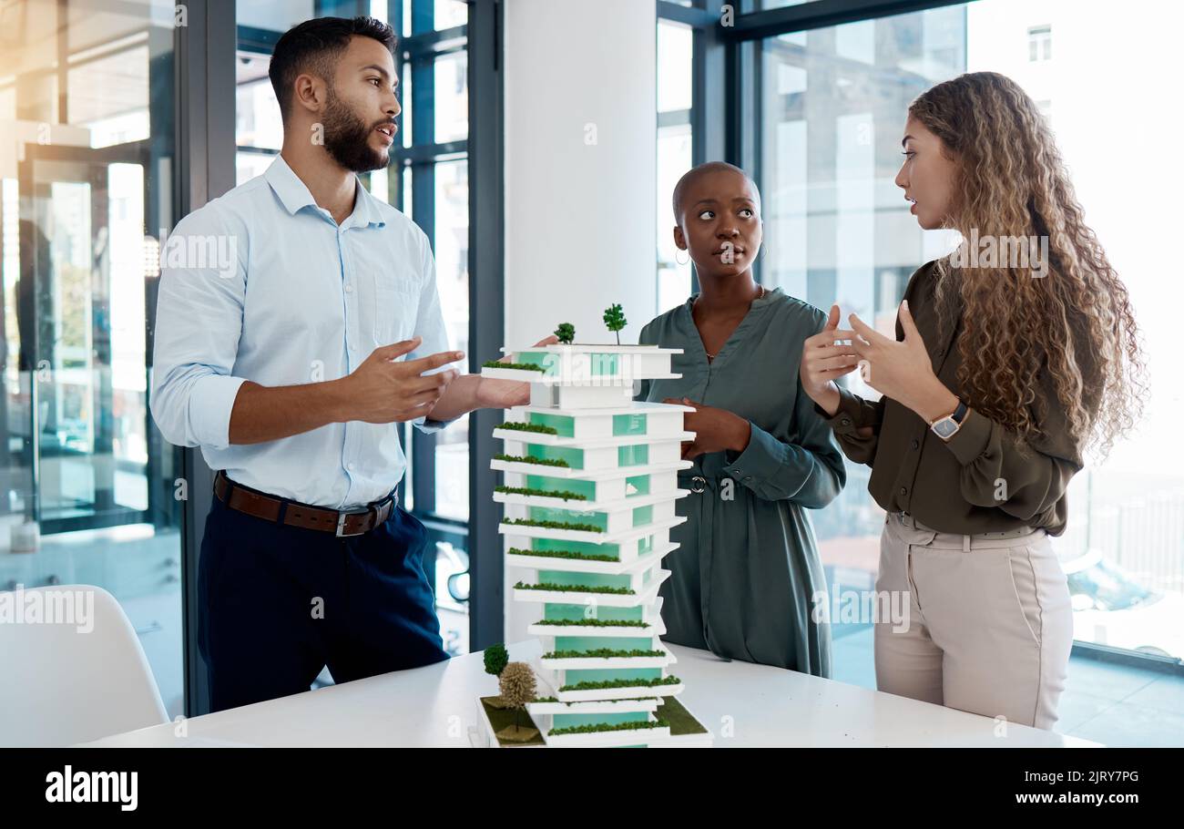 3d, model architect and design team meeting in boardroom to discuss ...