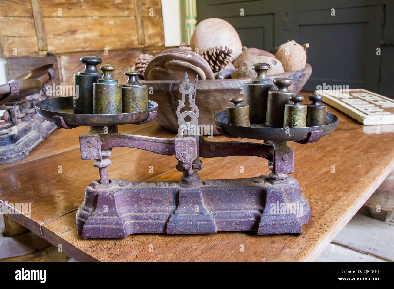 Old scale on a table used for decoration in Sao Paulo Stock Photo - Alamy
