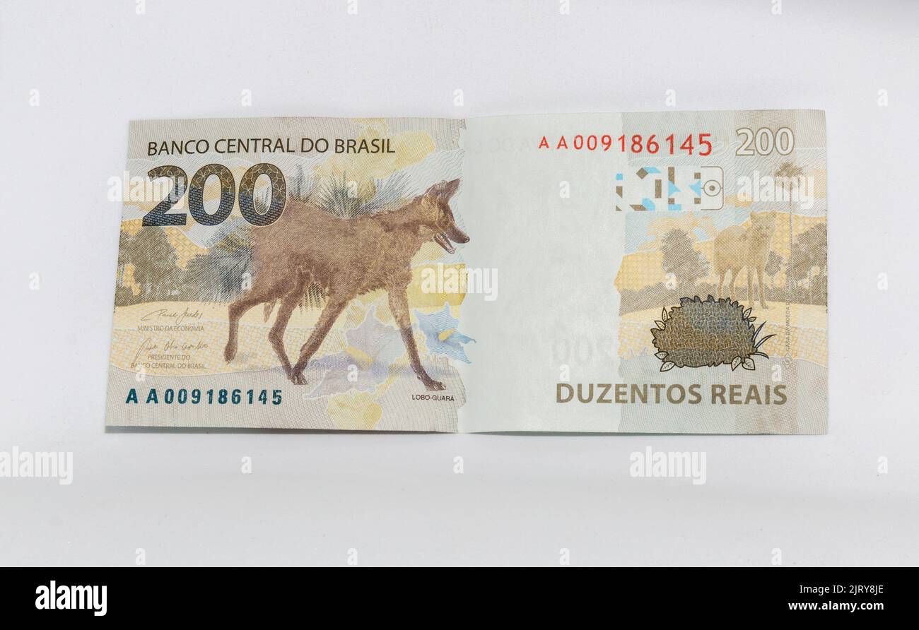 Brazilian currency note two hundred reais with white background isole ...