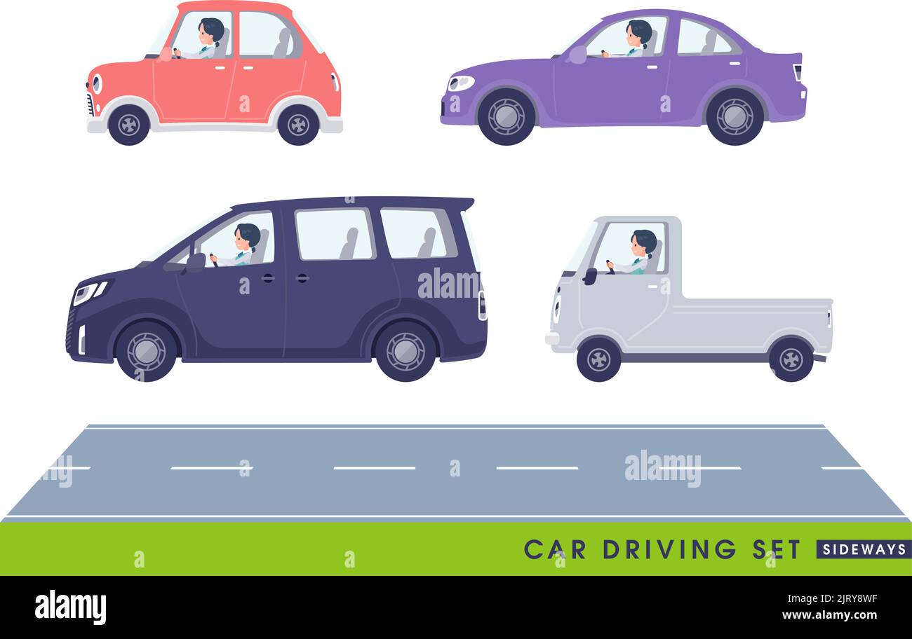 A set of Clerk woman driving a car(sideways).It's vector art so easy to ...