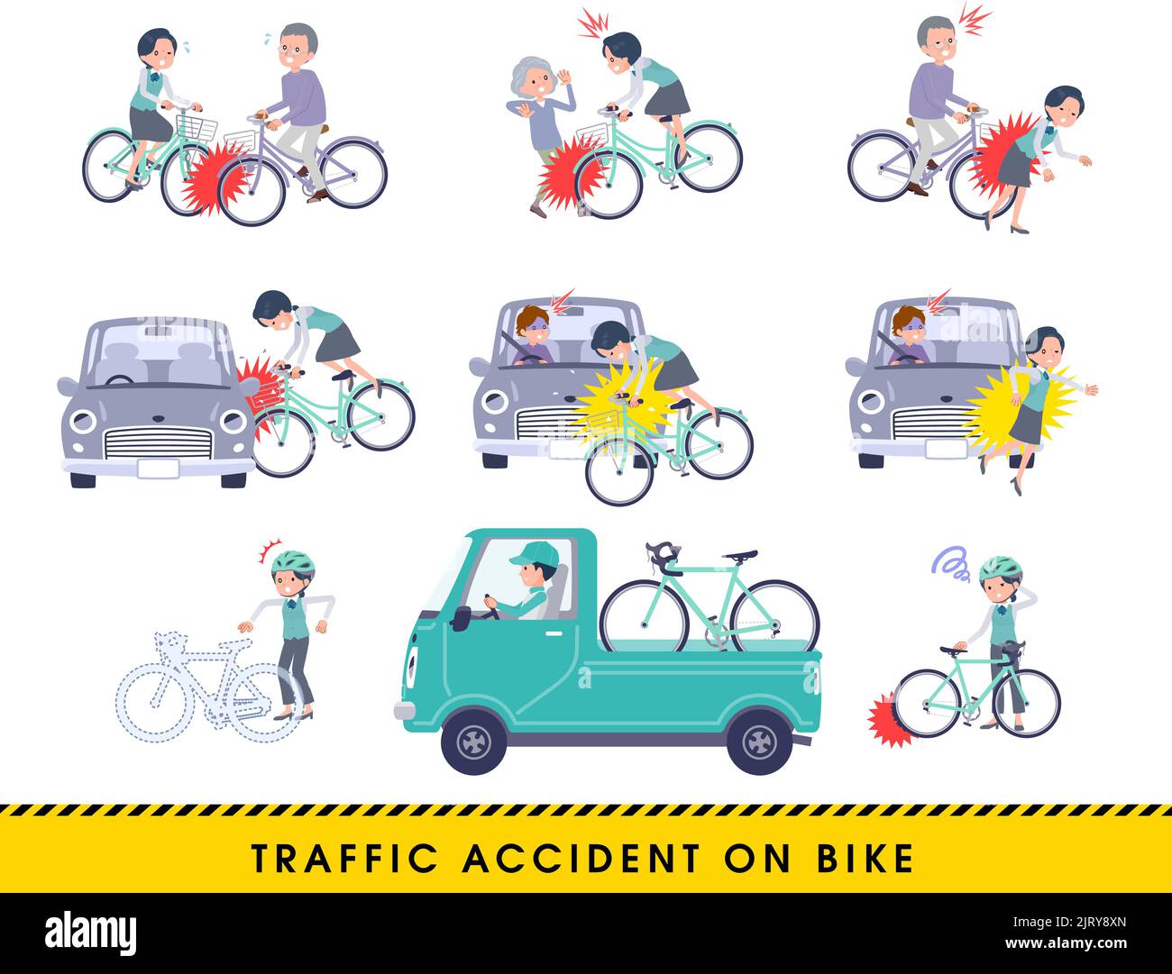 A set of Clerk woman in a bicycle accident.It's vector art so easy to ...