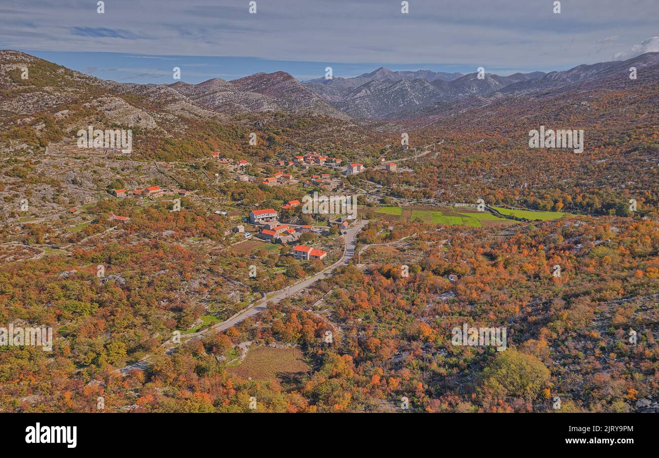 Aerial view of the plateau in the hinterland of Konavle in Croatia ...