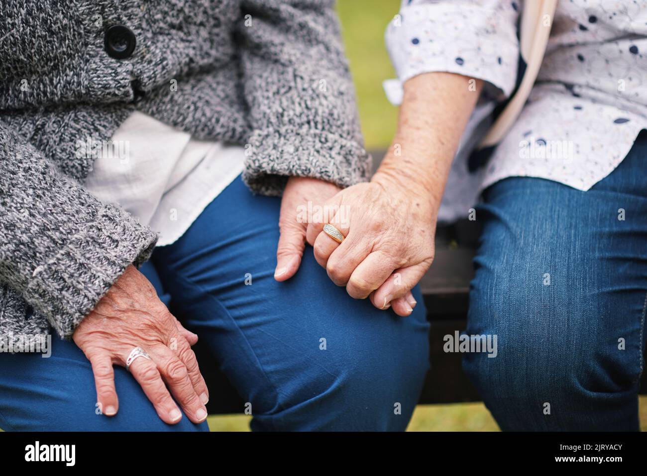 Two elderly women sitting on bench in park holding hands happy life ...