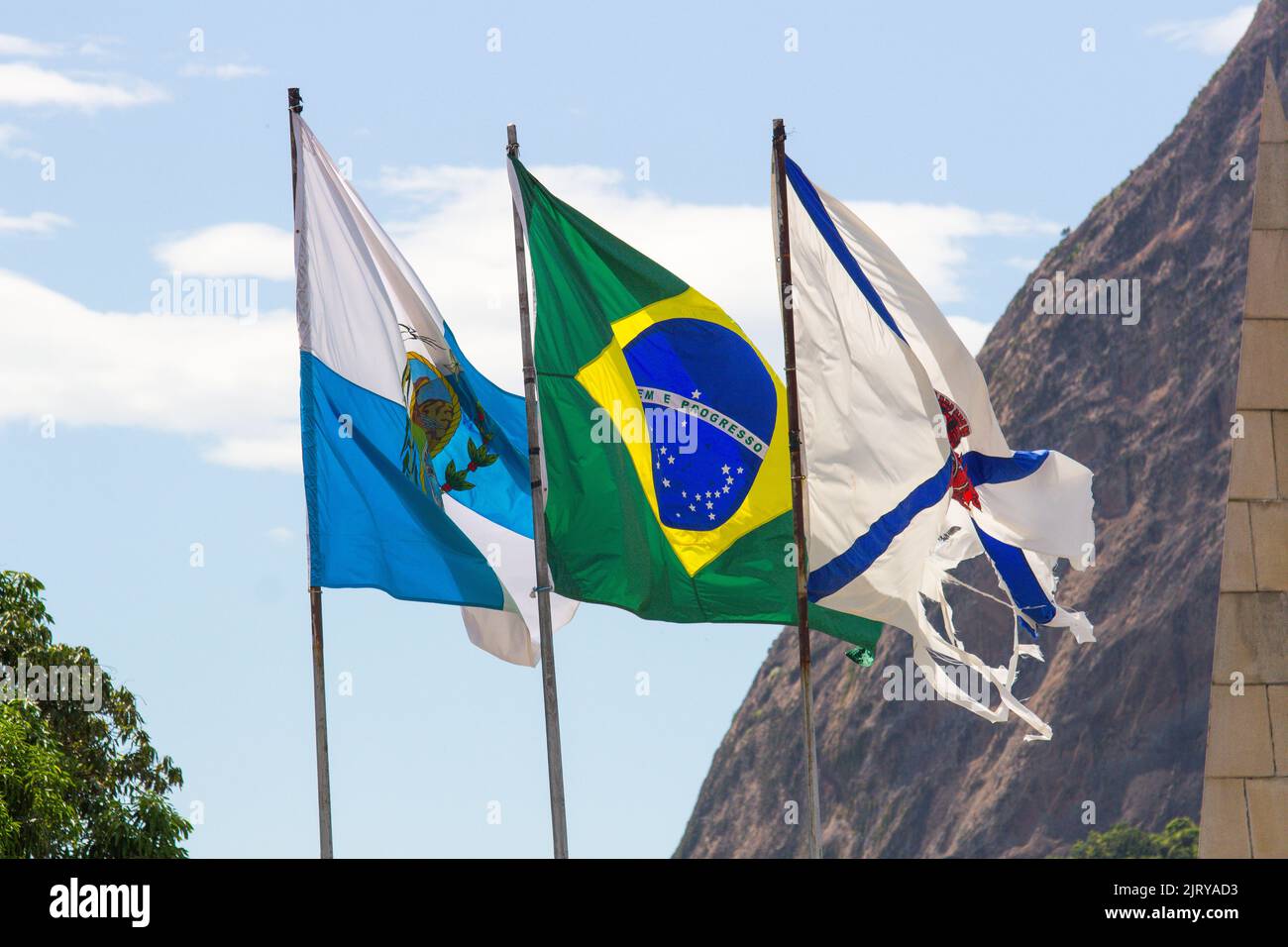 flags of Brazil, the city and the state of Rio de Janeiro in outdoor ...