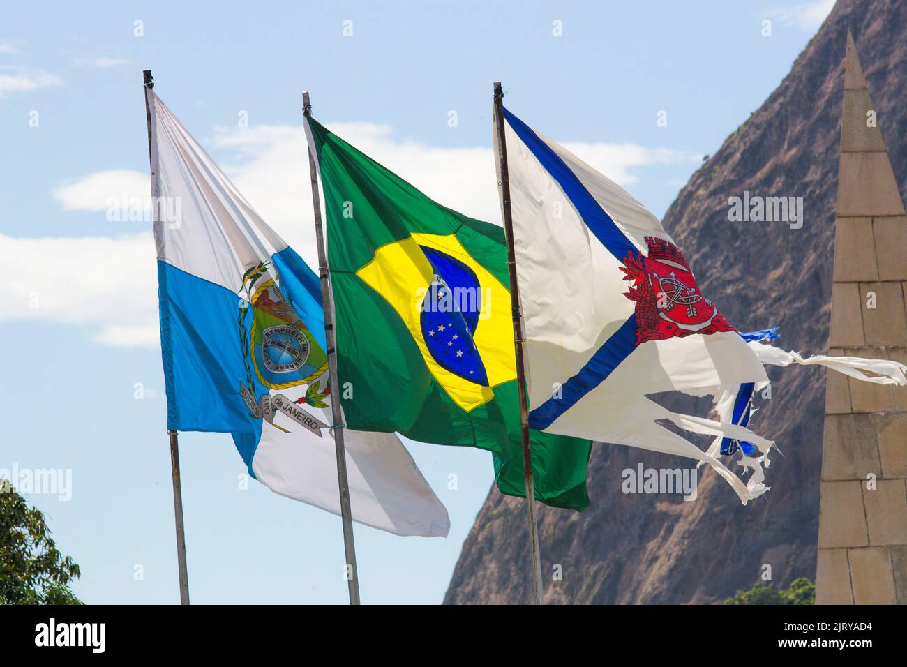 flags of Brazil, the city and the state of Rio de Janeiro in outdoor ...