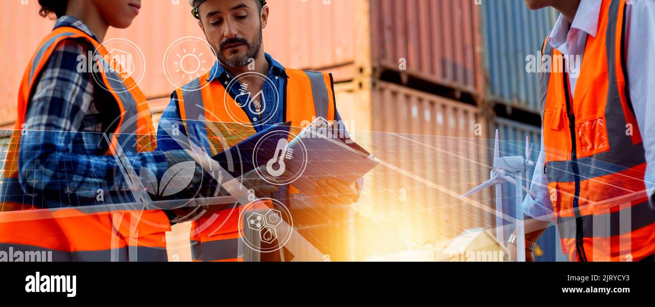 Team of electrical engineer discuss and plan working to construct green ...