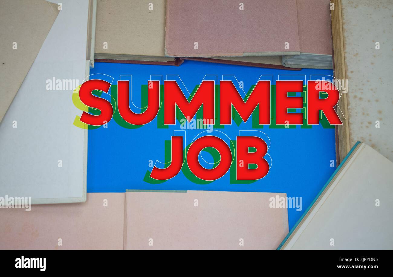 Summer Job word in opened book with vintage, natural patterns old ...