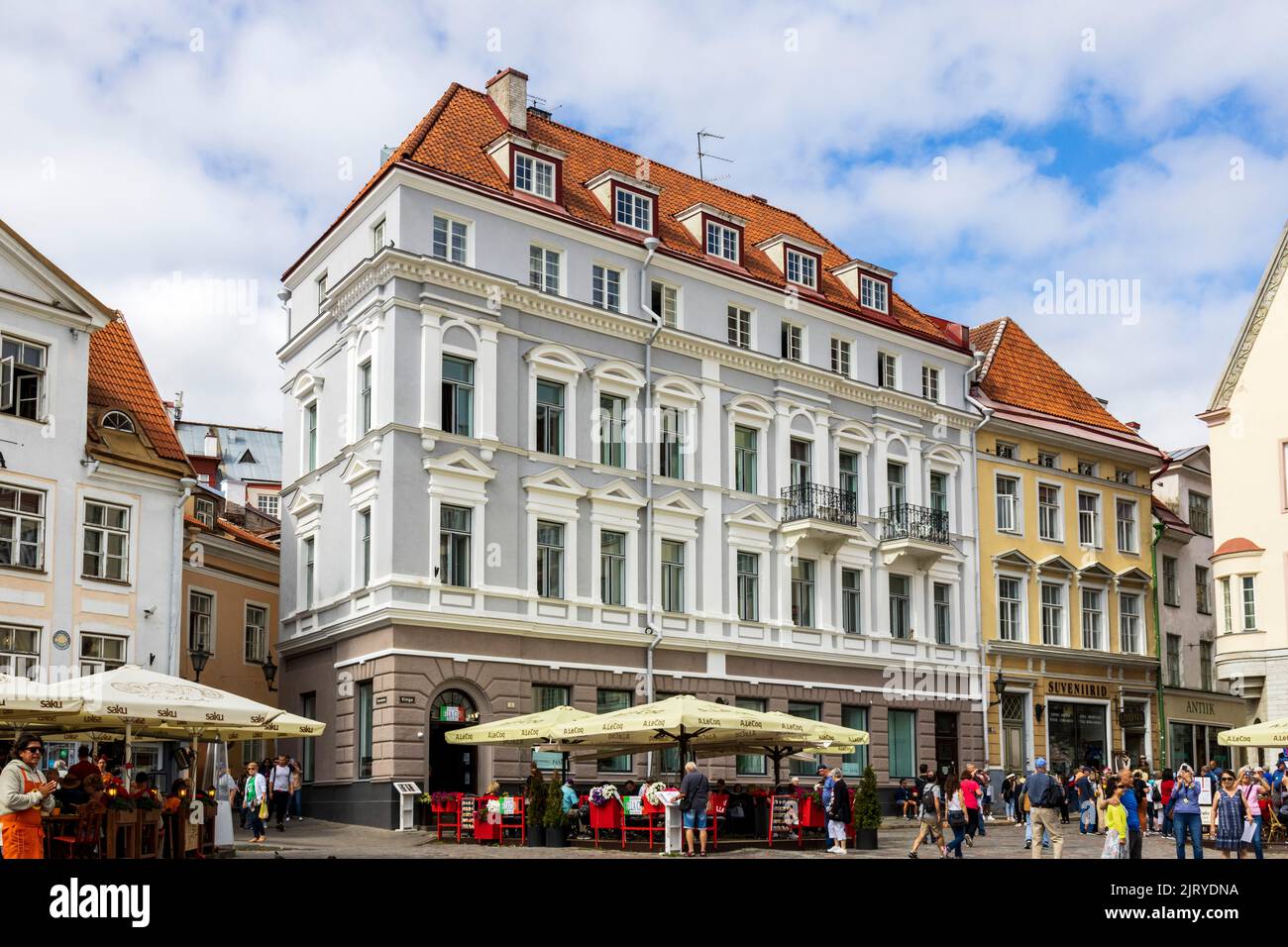 Market square with historic buildings, Estonian capital of Tallinn ...
