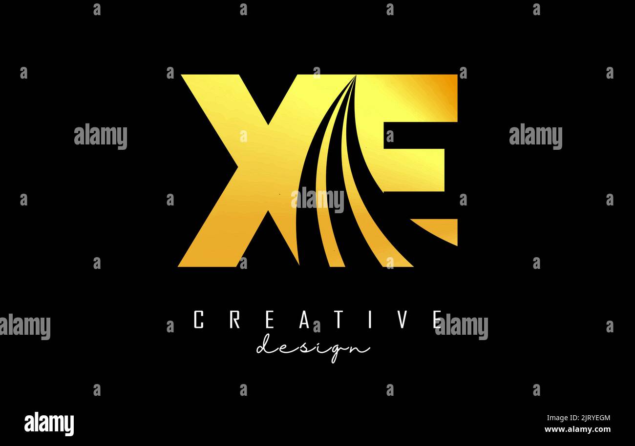 Creative gold letter XE x e logo with leading lines and road concept ...