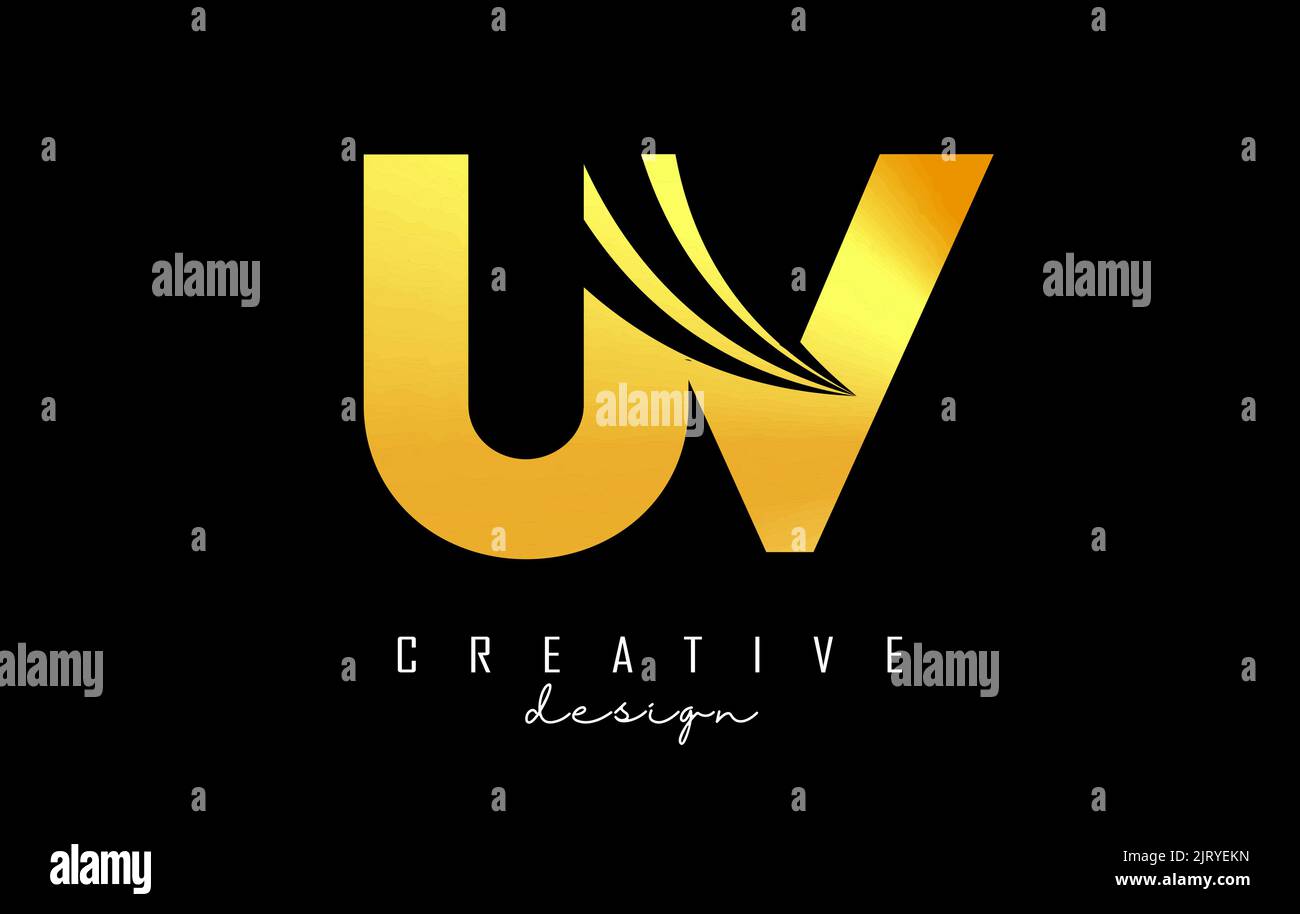 Creative golden letter UV u V logo with leading lines and road concept ...