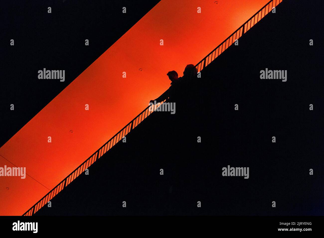 Two people, couple standing on observation deck Plaza, enjoying view ...