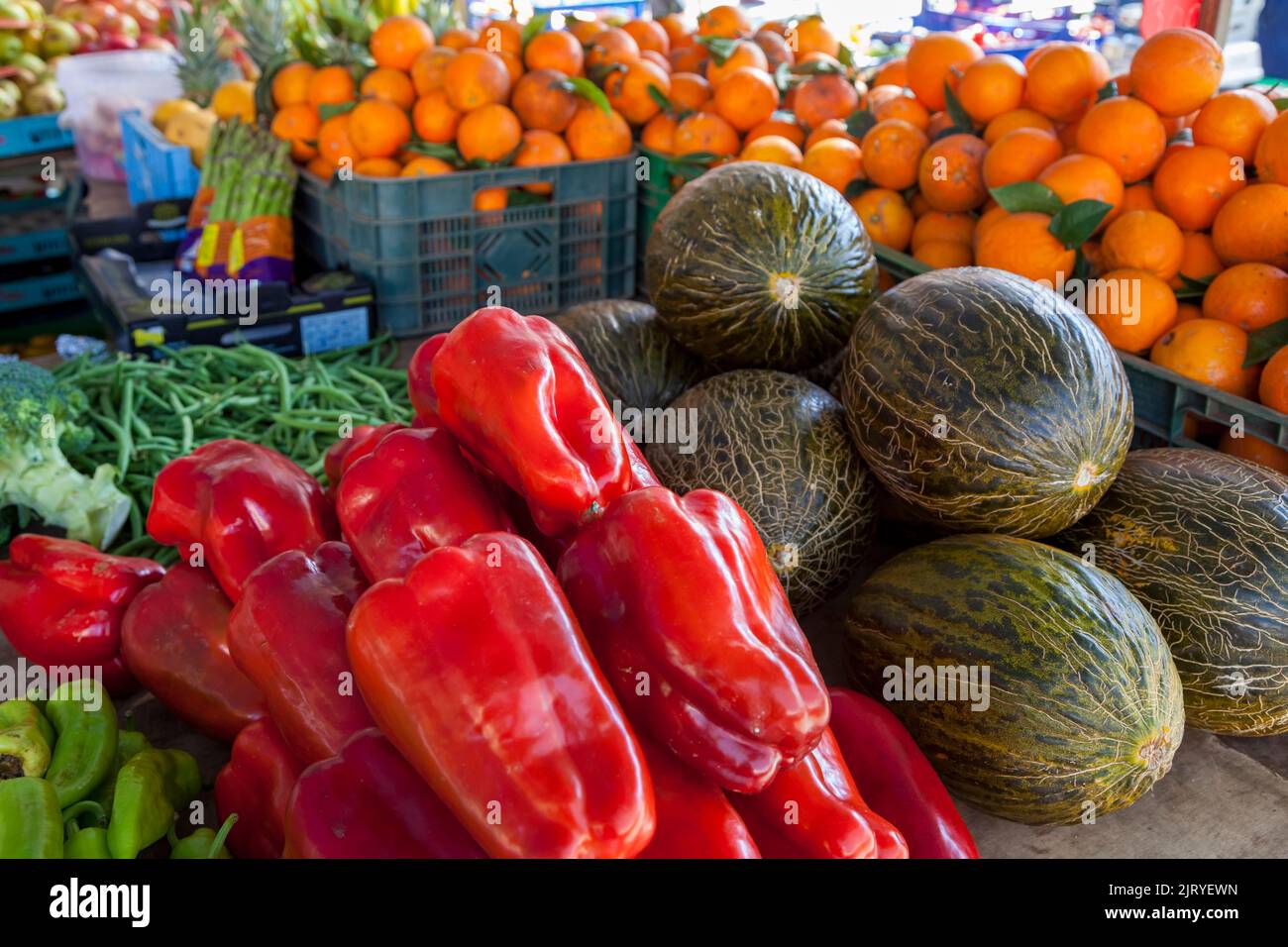 Market stall with fruit and vegetables, Majorca, Balearic Islands ...