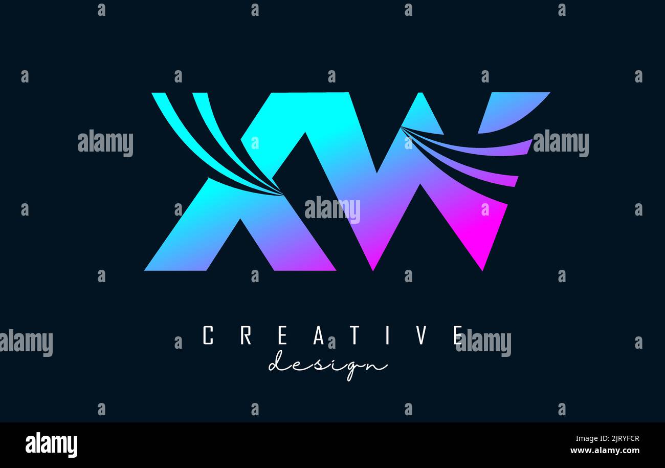 Creative colorful pink and blue letter XW x w logo with leading lines ...