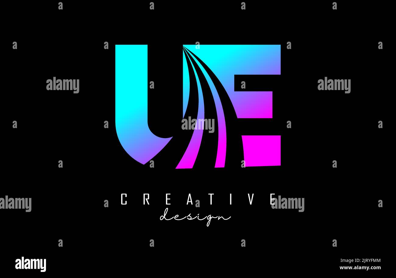 Creative colorful letter UE u e logo with leading lines and road ...