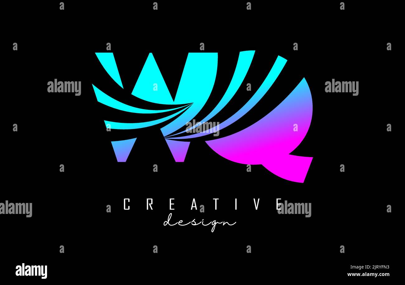 Creative colorful pink and blue letter WQ w q logo with leading lines ...
