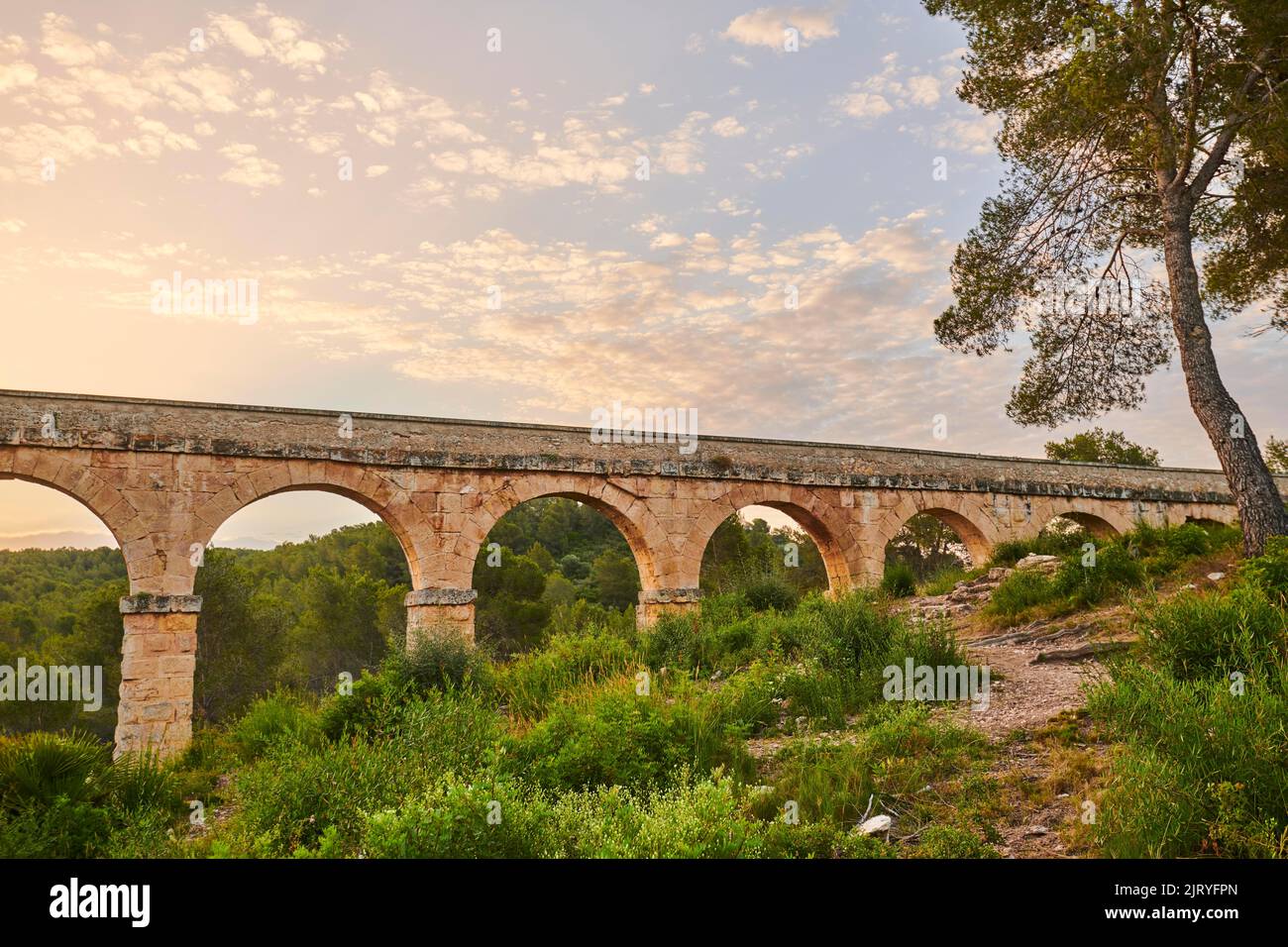 Old roman aqueduct at sunrise, Aqueeducte de les Ferreres, Devil's ...