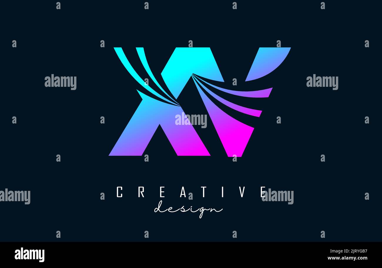 Creative colorful pink and blue letter XV x v logo with leading lines ...