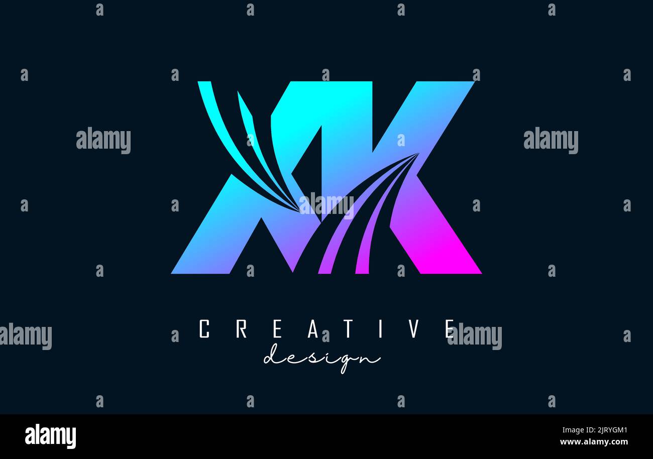 Creative colorful pink and blue letter XK x k logo with leading lines ...