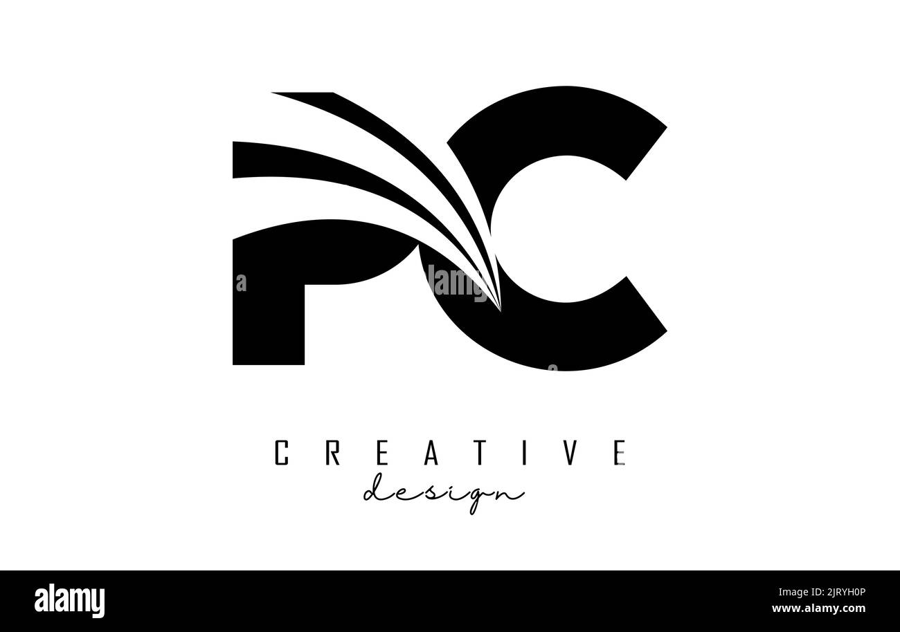 Creative black letter PC p c logo with leading lines and road concept ...