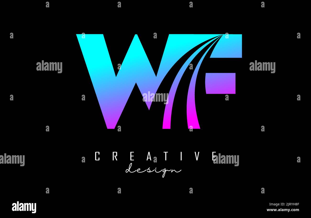 Creative colorful pink and blue letter WF w f logo with leading lines ...