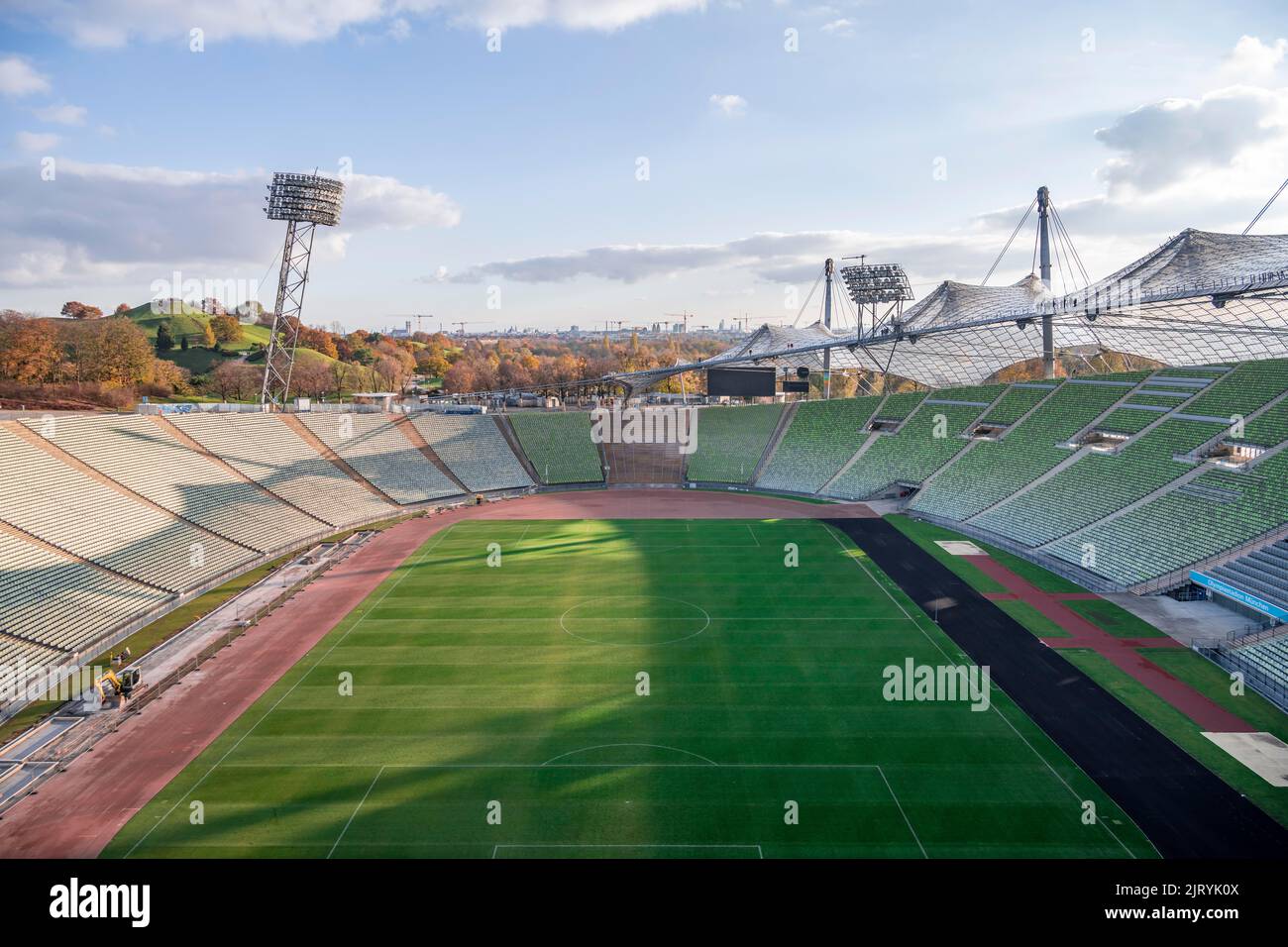 View over Olympic Stadium with football field, tent roof, Olympic Park ...