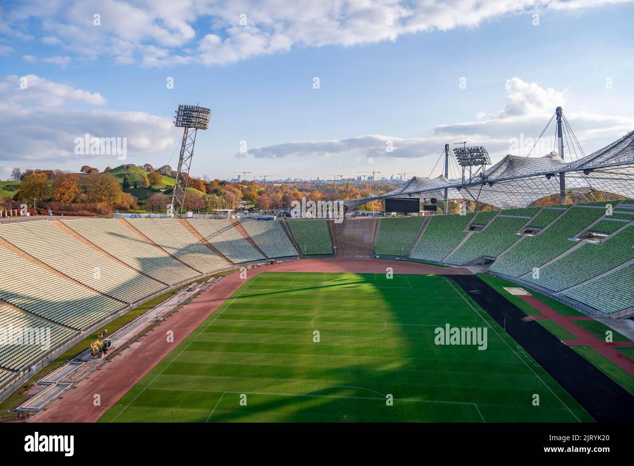 View over Olympic Stadium with football field, tent roof, Olympic Park ...