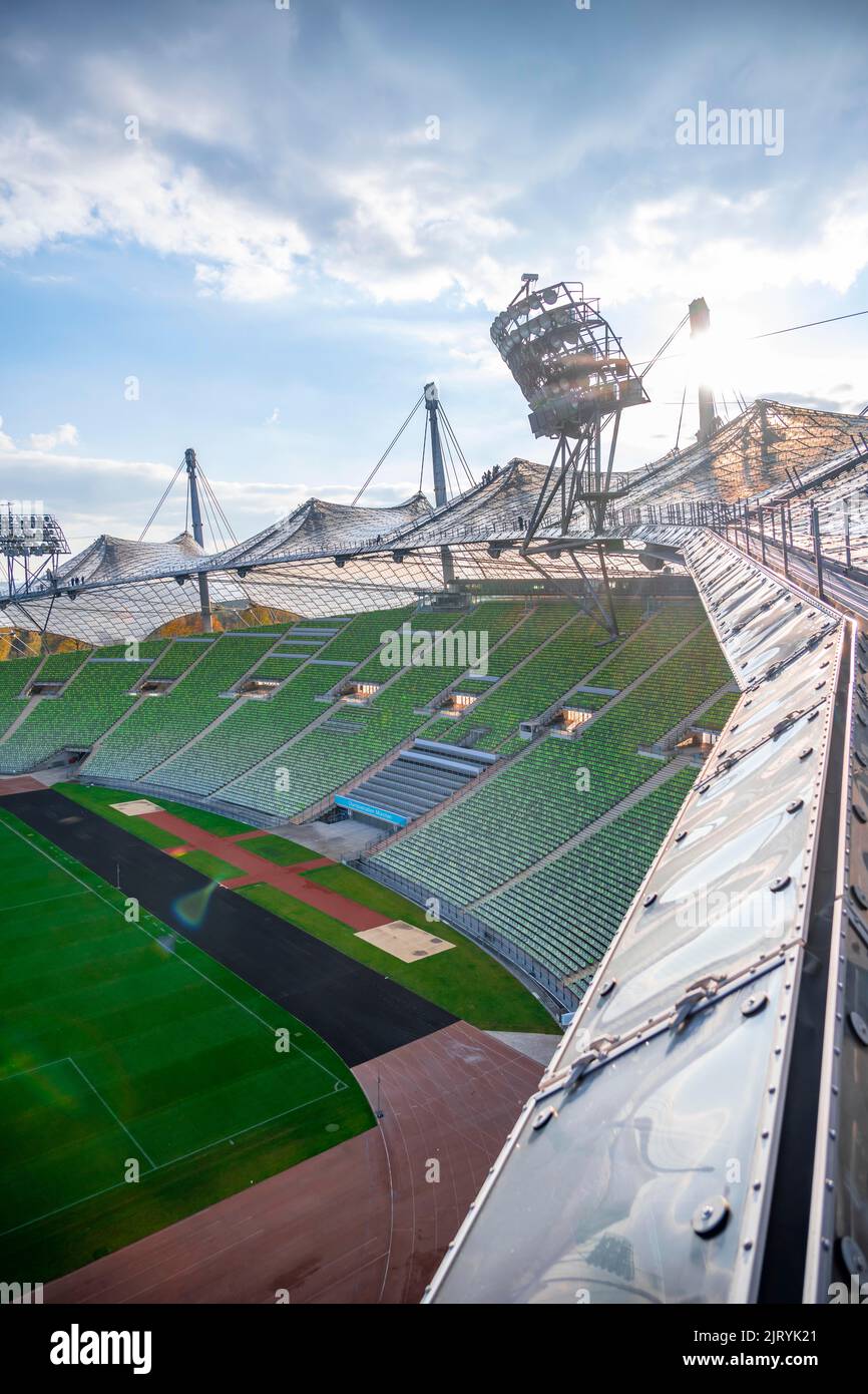 View over Olympic Stadium with football field, from tent roof, Olympic ...