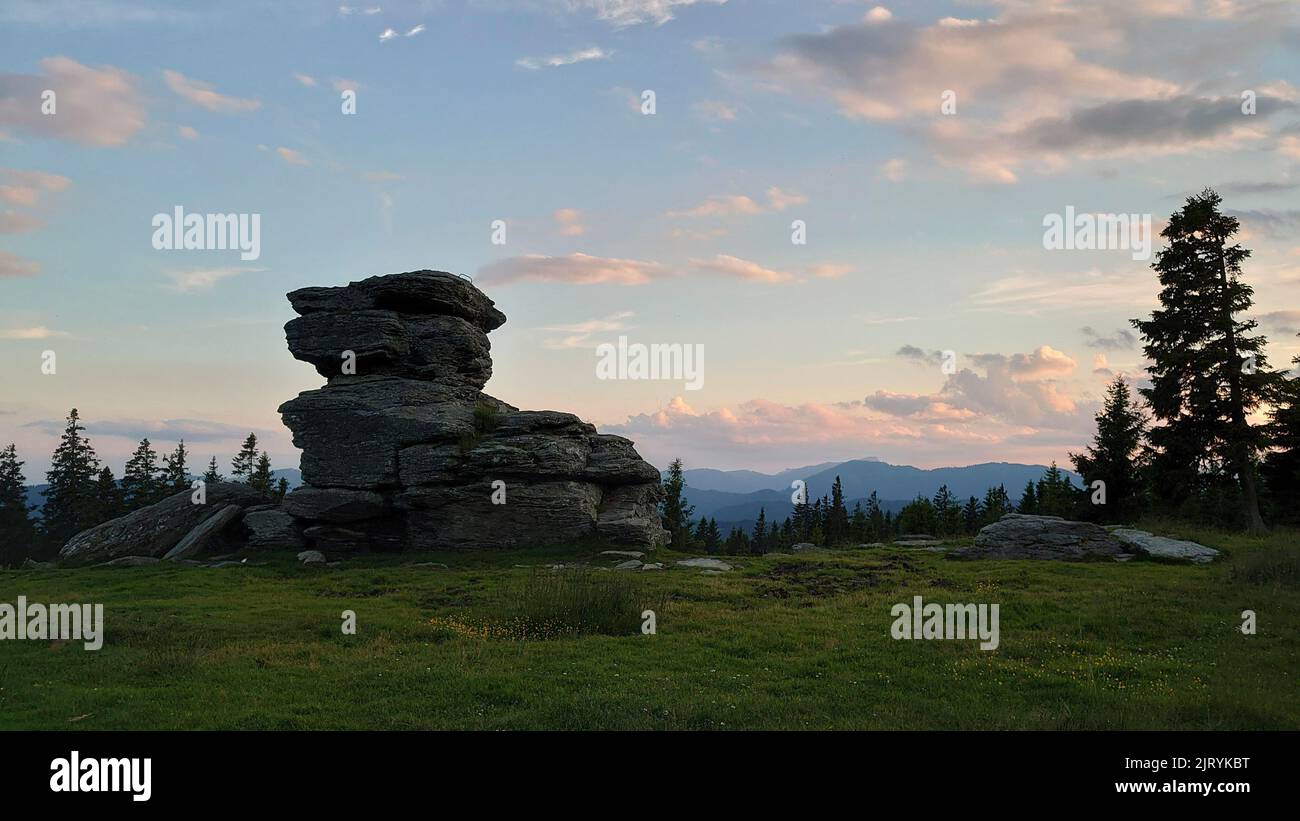 Evening atmosphere Teufelsstein, cult site, Fischbacher Alps, East ...