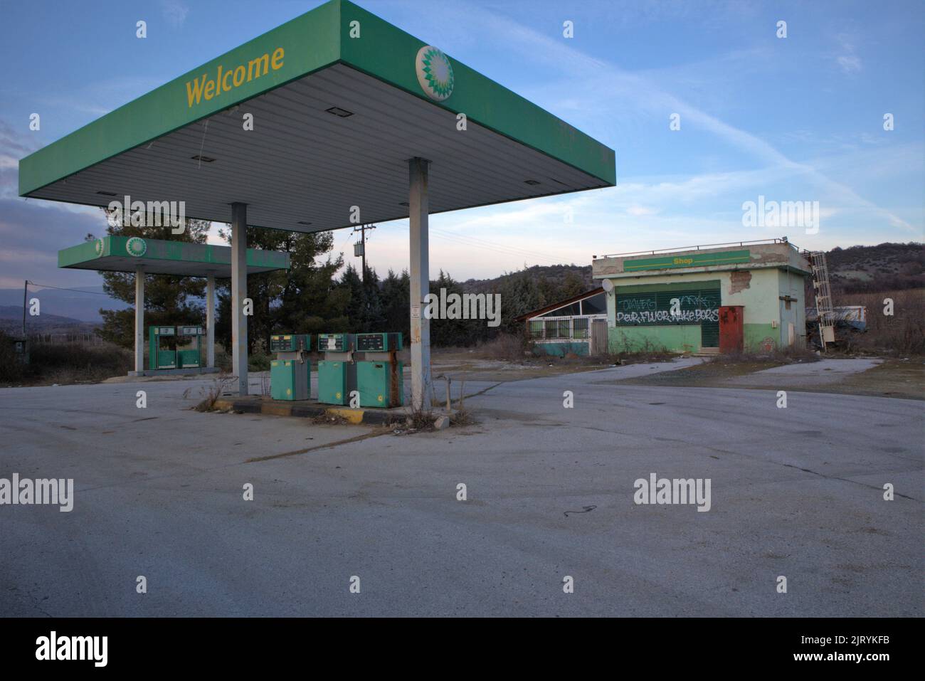 A closed and abandoned BP gas station in Arnissa, Pella, Greece Stock ...