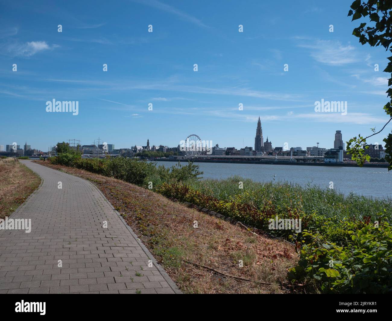 Footpath for pedestrians on the left bank in Antwerp with a view of the ...