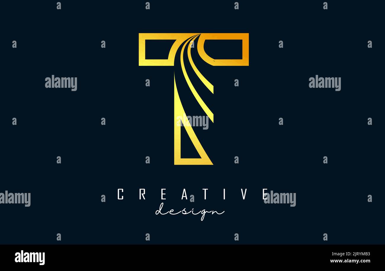 Golden Outline Creative letter T logo with leading lines and road ...