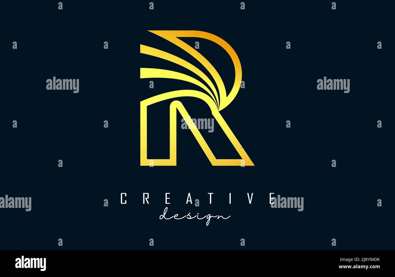 Golden Outline Creative letter R logo with leading lines and road ...