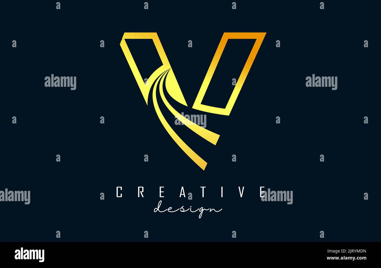 Golden Outline Creative letter V logo with leading lines and road ...