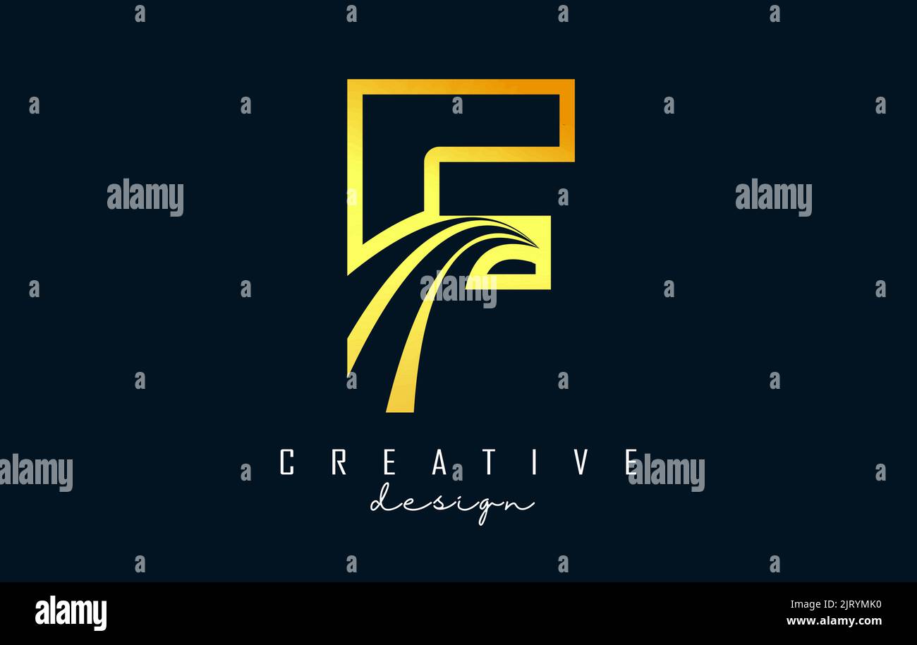 Golden Outline Creative letter F logo with leading lines and road ...