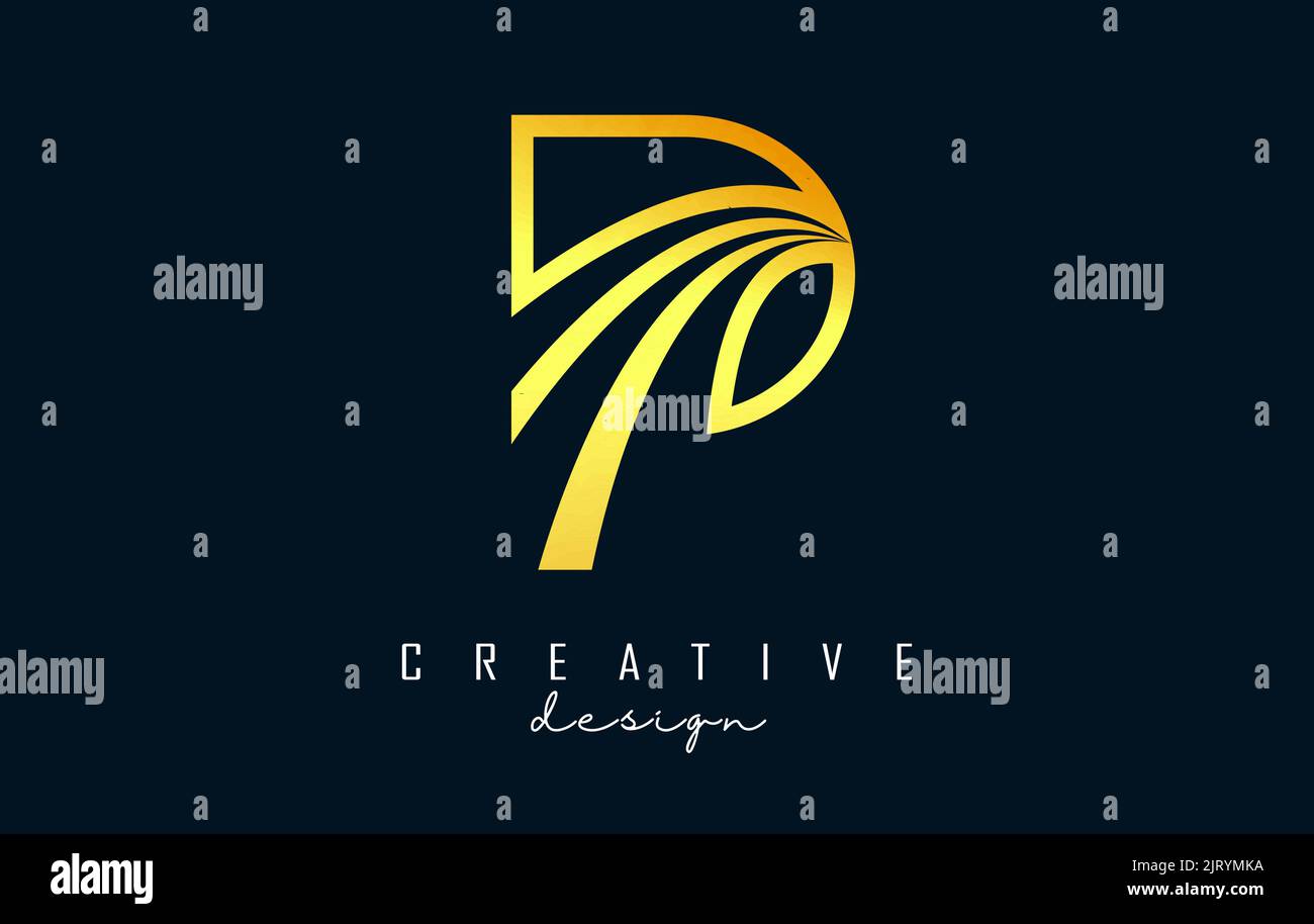 Golden Outline Creative letter P logo with leading lines and road ...