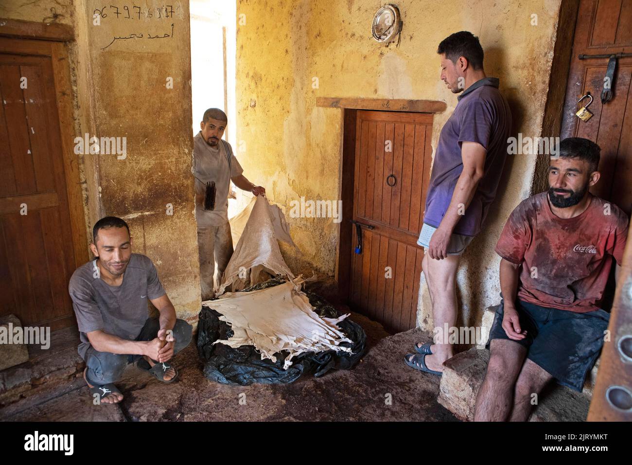 Workers sorting leather, dye works, Tannerie Chouara tannery, tanners ...