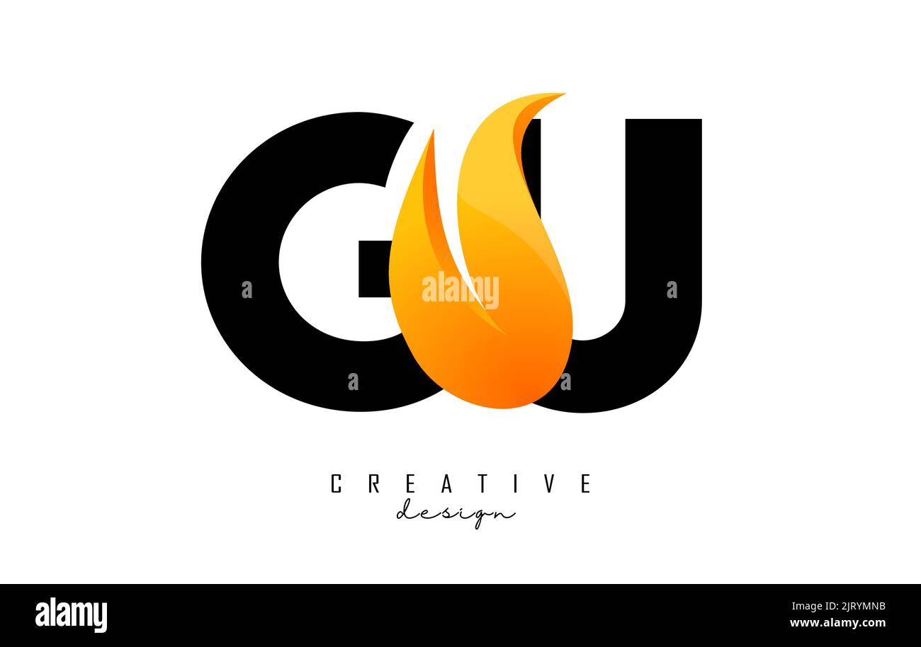 Vector illustration of abstract letters GU g u with fire flames and ...