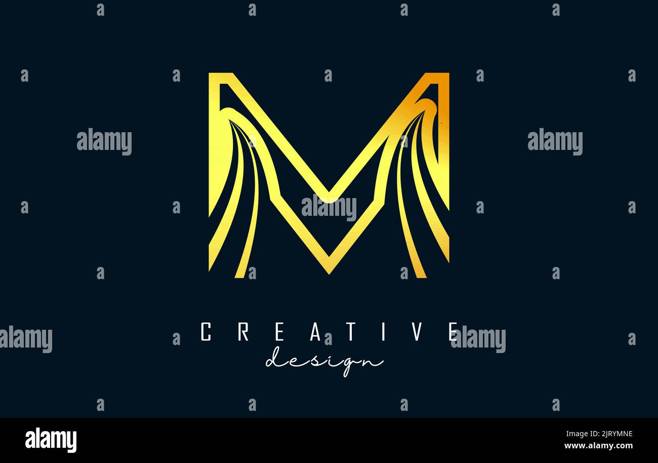 Golden Outline Creative letter M logo with leading lines and road ...