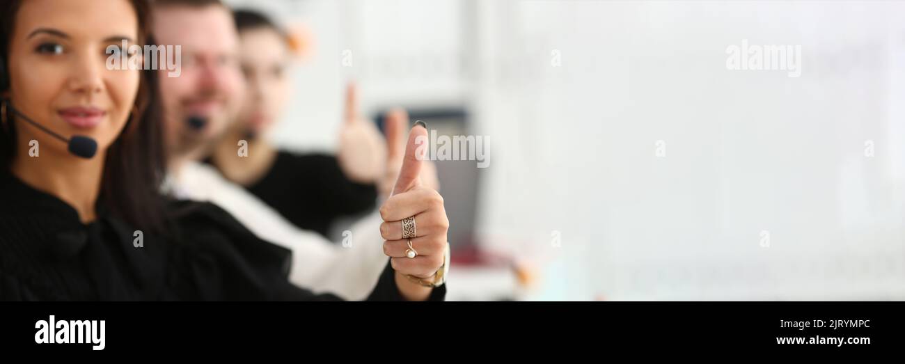 Call center operator team show OK gesture. High level and quality of ...