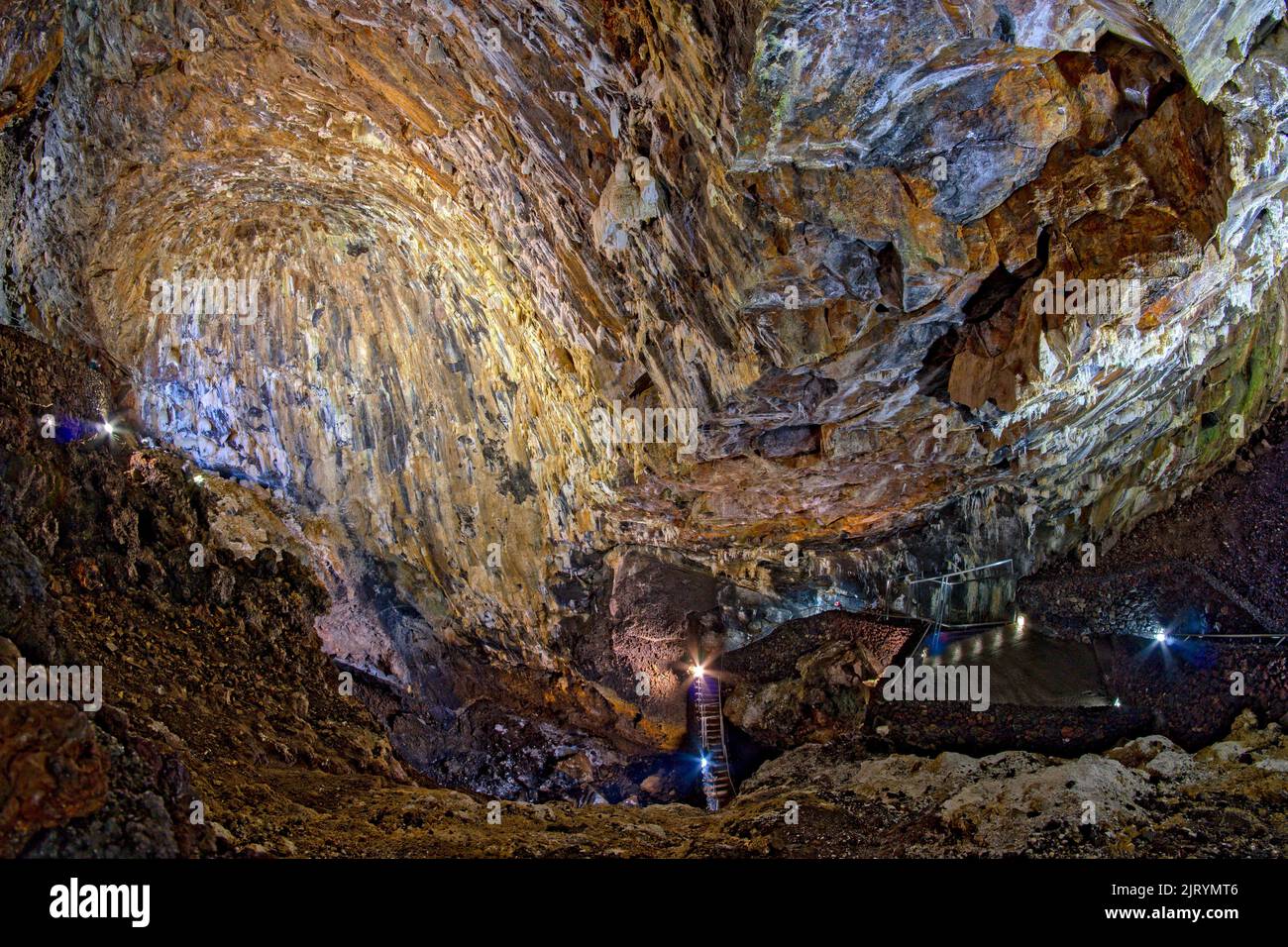 Inside the volcanic vent Algar do carvao Azores Terceira Portugal Stock ...