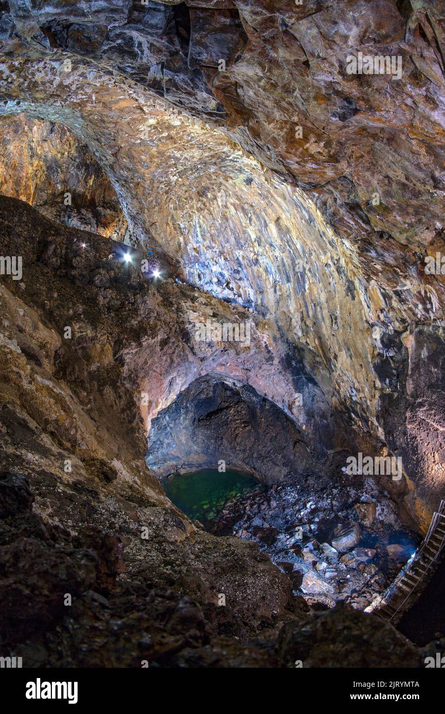 Inside the volcanic vent Algar do carvao Azores Terceira Portugal Stock ...