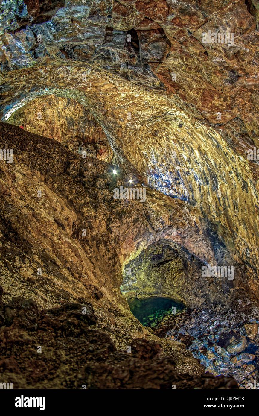 Inside the volcanic vent Algar do carvao Azores Terceira Portugal Stock ...