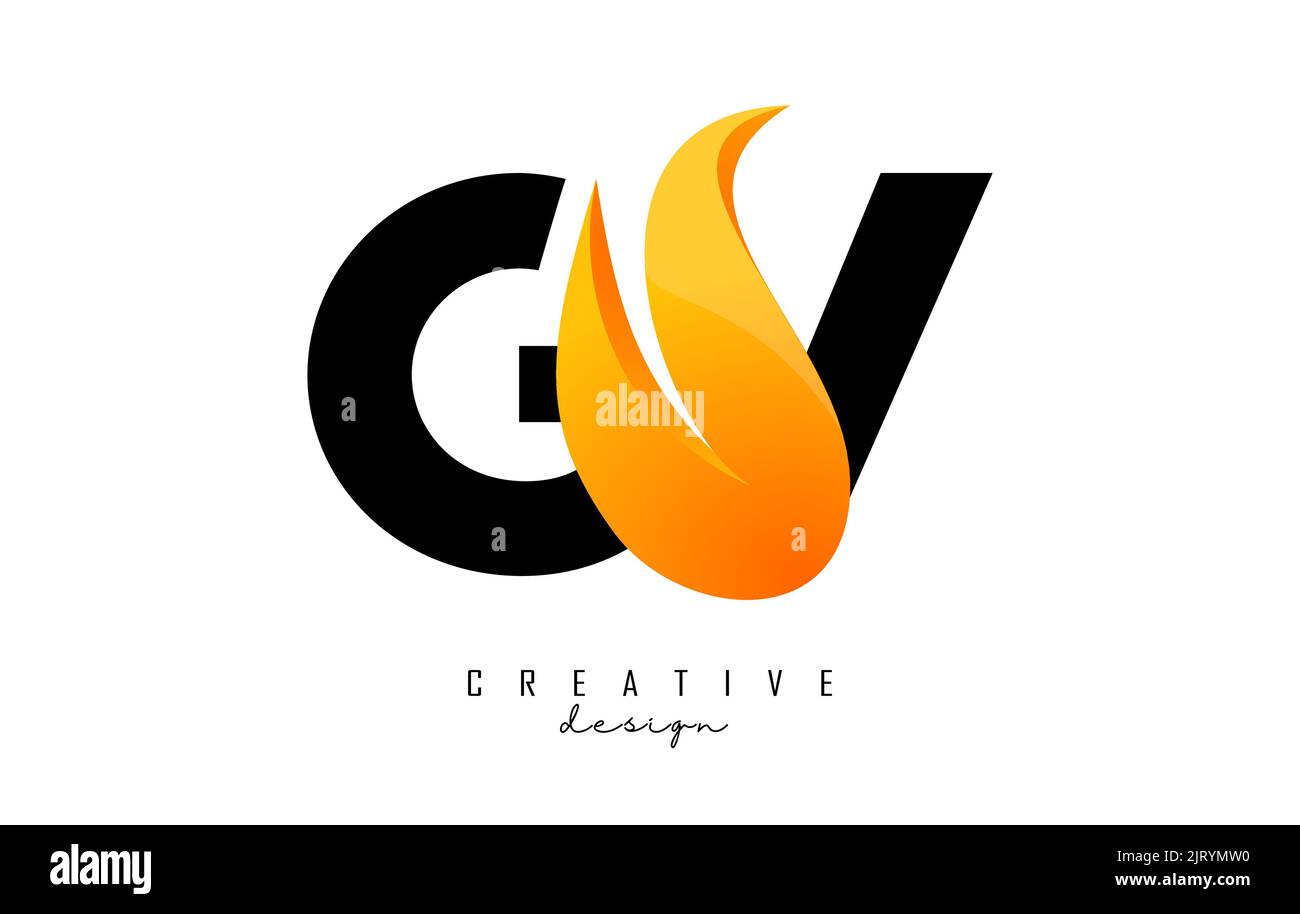Vector illustration of abstract letters GV g v with fire flames and ...