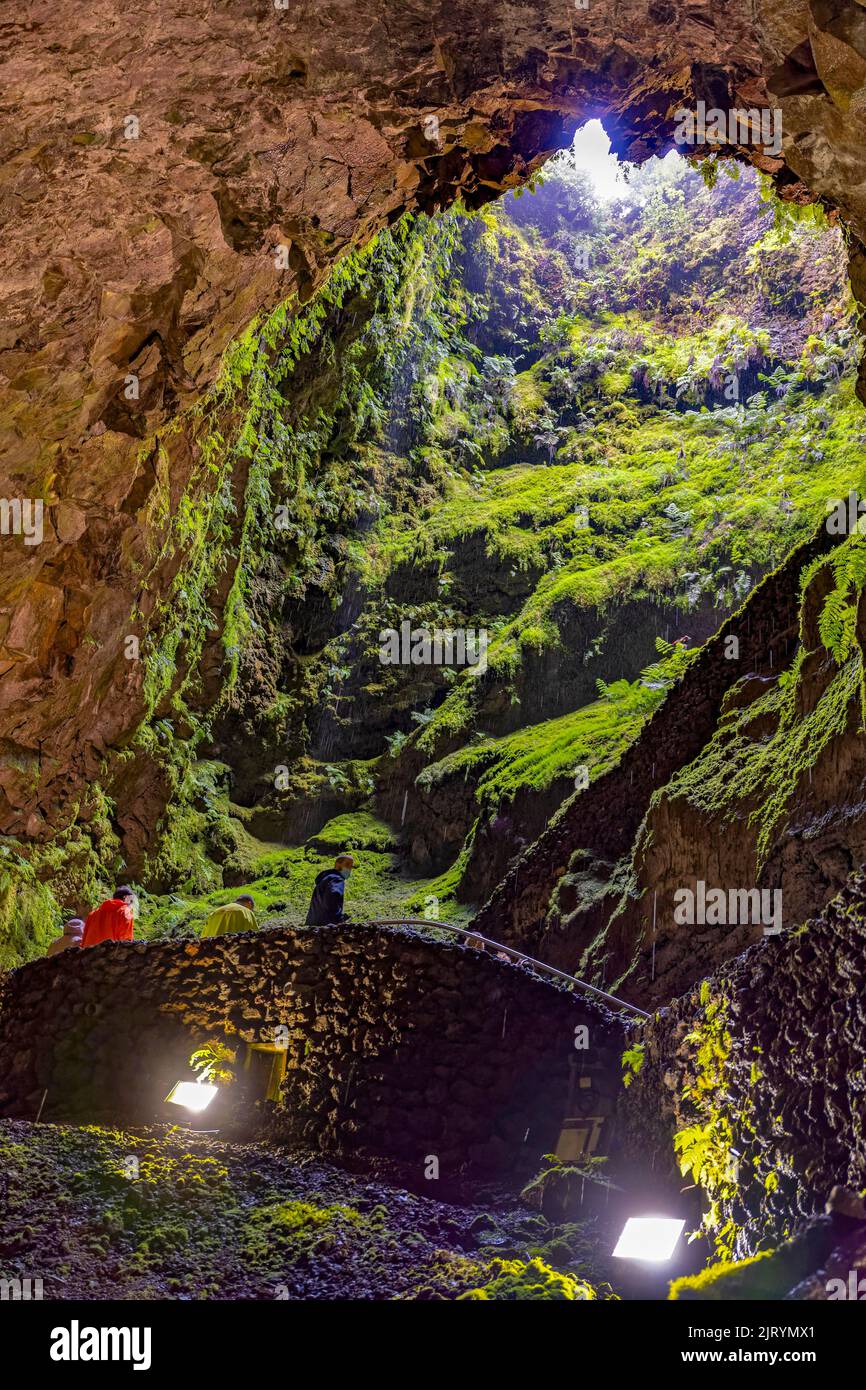 Inside the volcanic vent Algar do carvao Azores Terceira Portugal Stock ...