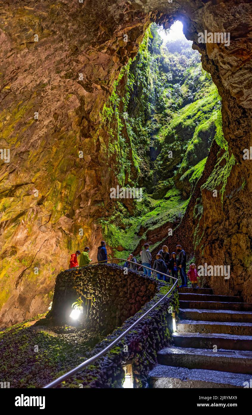 Inside the volcanic vent Algar do carvao Azores Terceira Portugal Stock ...